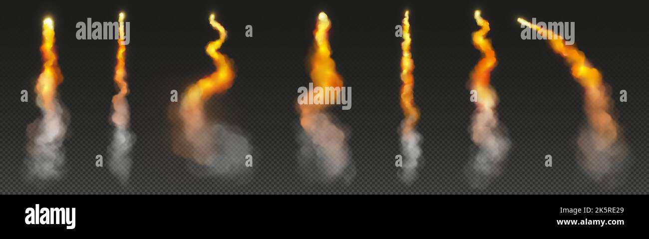 Rocket fire smoke trails, spacecraft startup launch or signal clouds ...