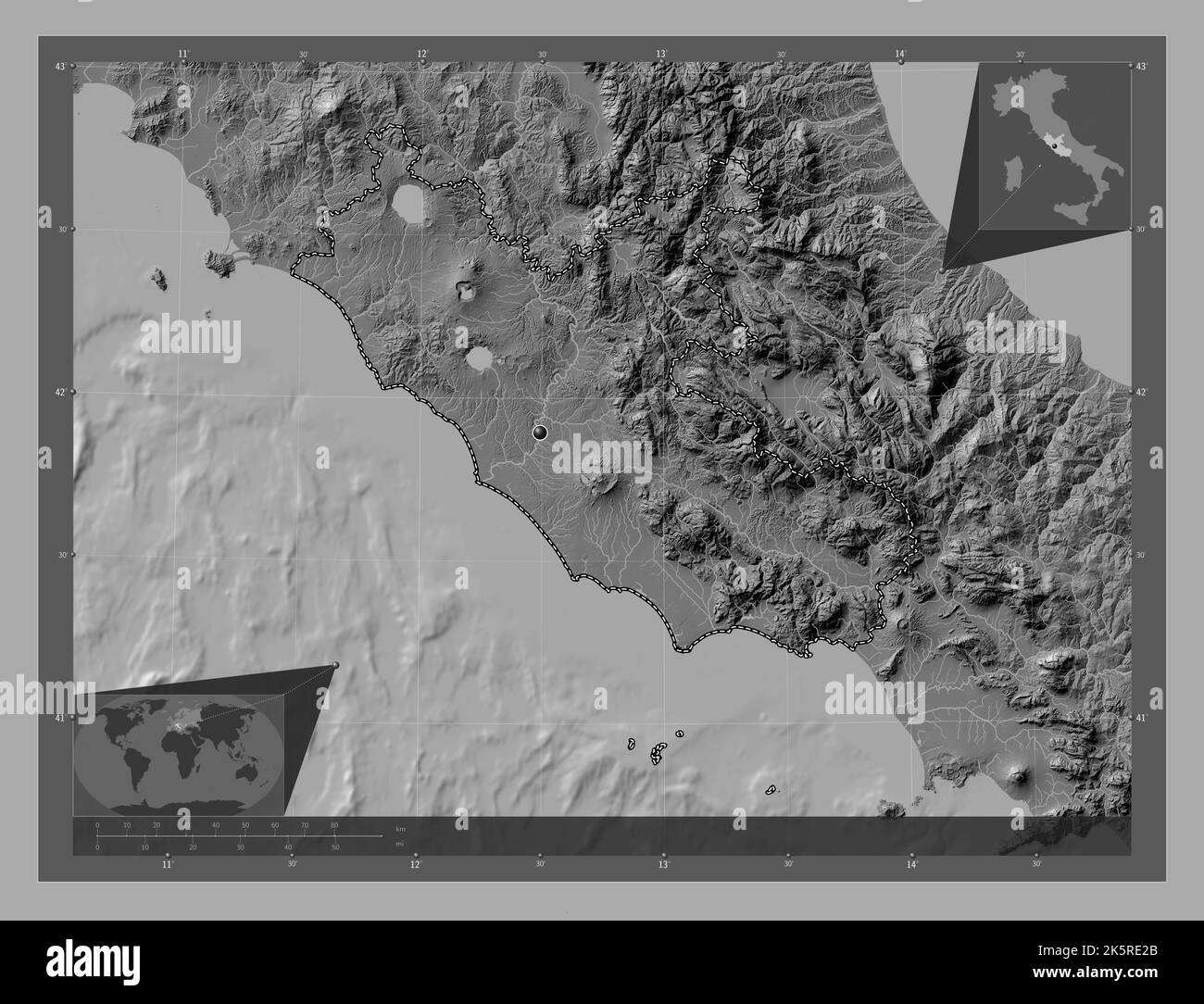 Lazio, region of Italy. Bilevel elevation map with lakes and rivers ...