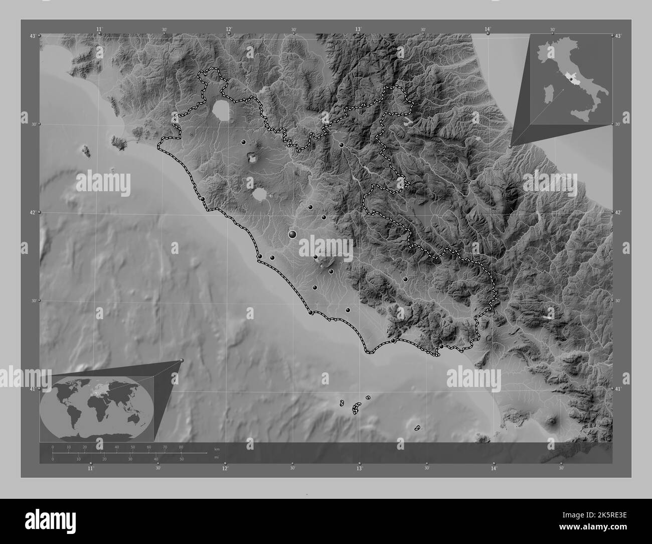 Lazio, region of Italy. Grayscale elevation map with lakes and rivers ...