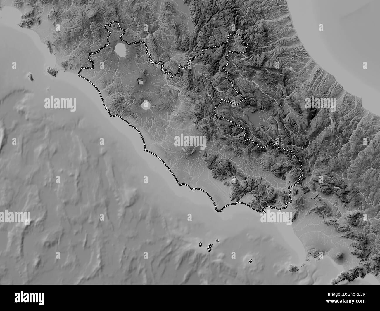 Lazio, region of Italy. Grayscale elevation map with lakes and rivers ...