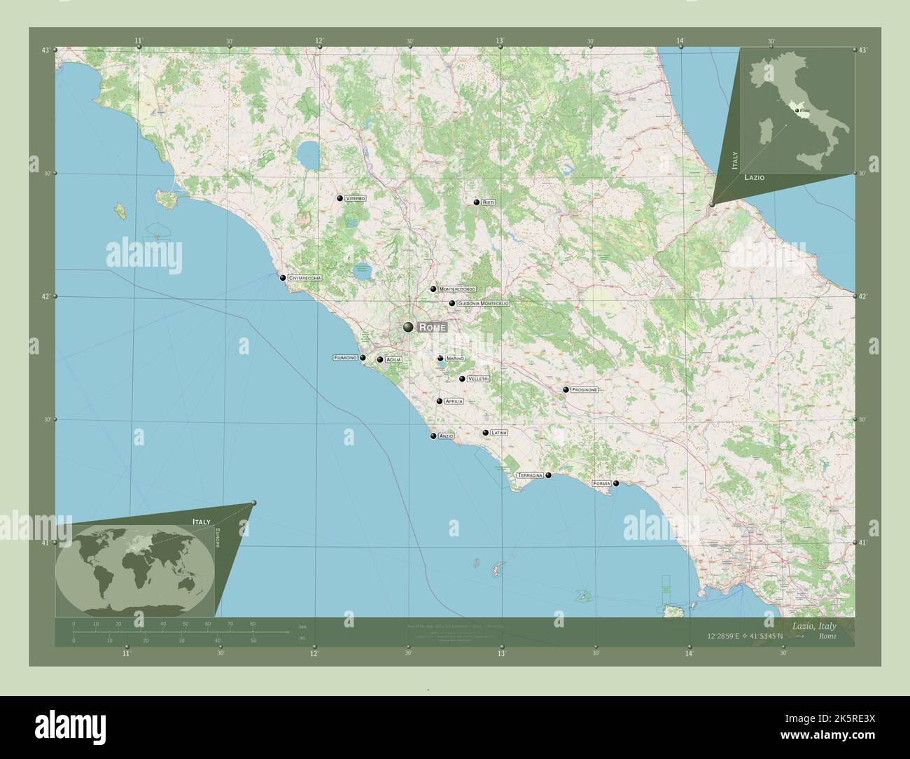 Lazio, region of Italy. Open Street Map. Locations and names of major ...