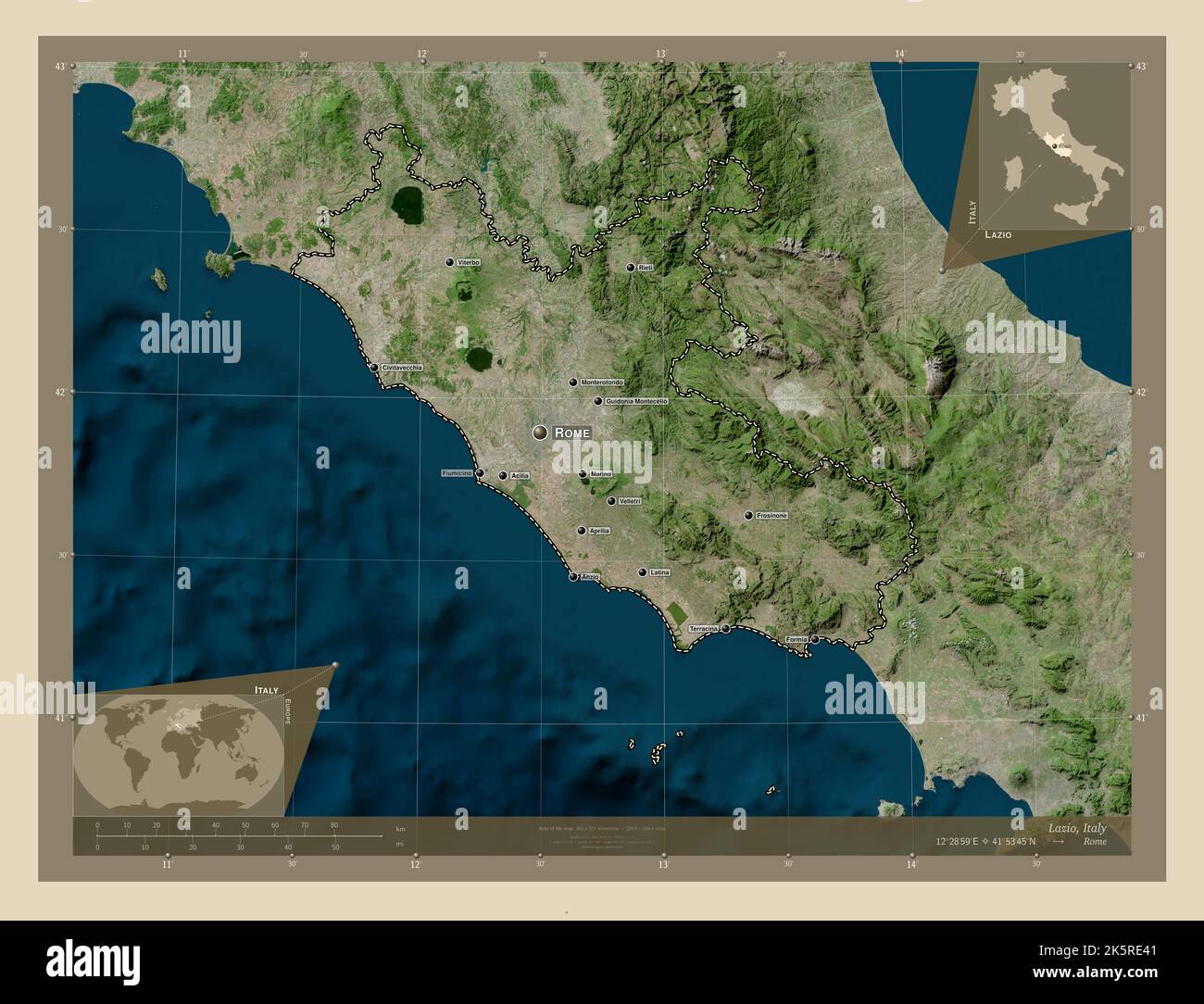 Lazio, region of Italy. High resolution satellite map. Locations and ...