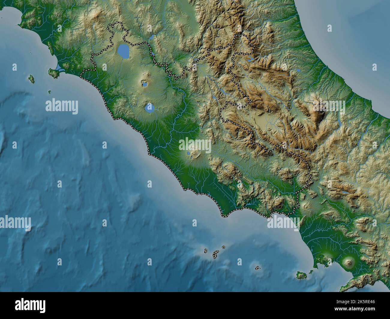 Lazio, region of Italy. Colored elevation map with lakes and rivers ...