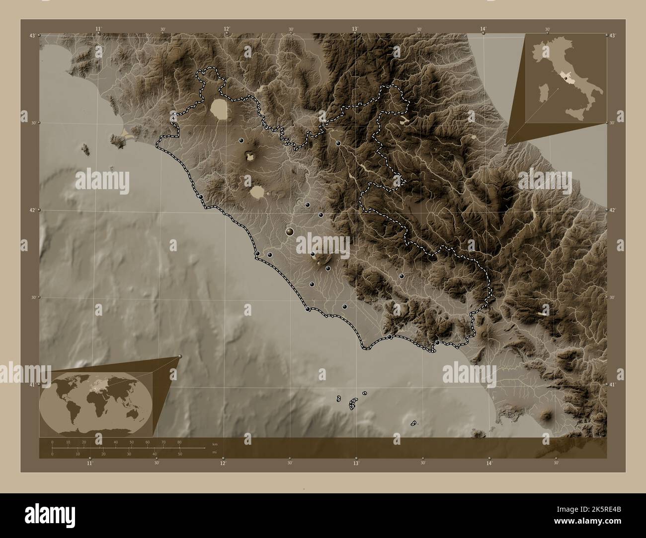 Lazio, region of Italy. Elevation map colored in sepia tones with lakes ...