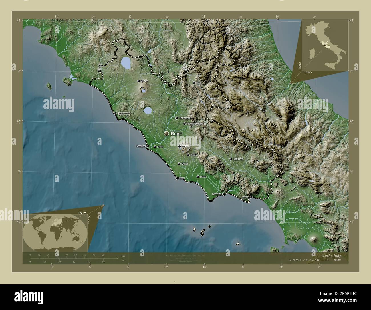Lazio, region of Italy. Elevation map colored in wiki style with lakes ...