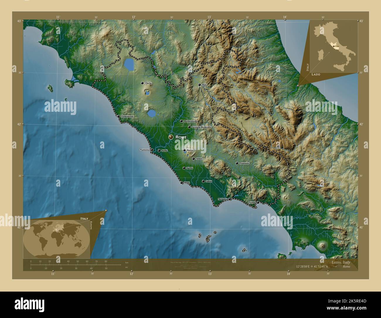 Lazio, region of Italy. Colored elevation map with lakes and rivers ...