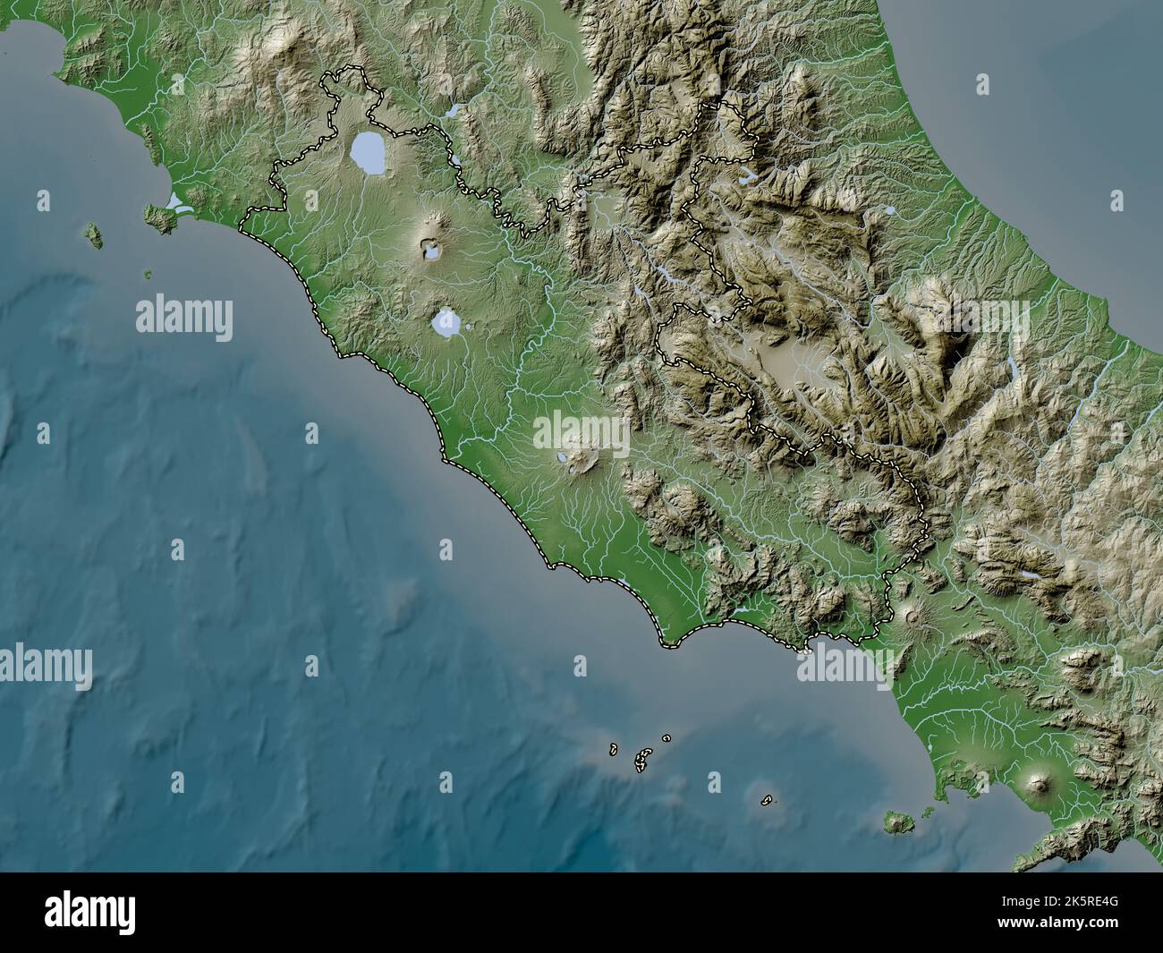 Lazio, region of Italy. Elevation map colored in wiki style with lakes ...