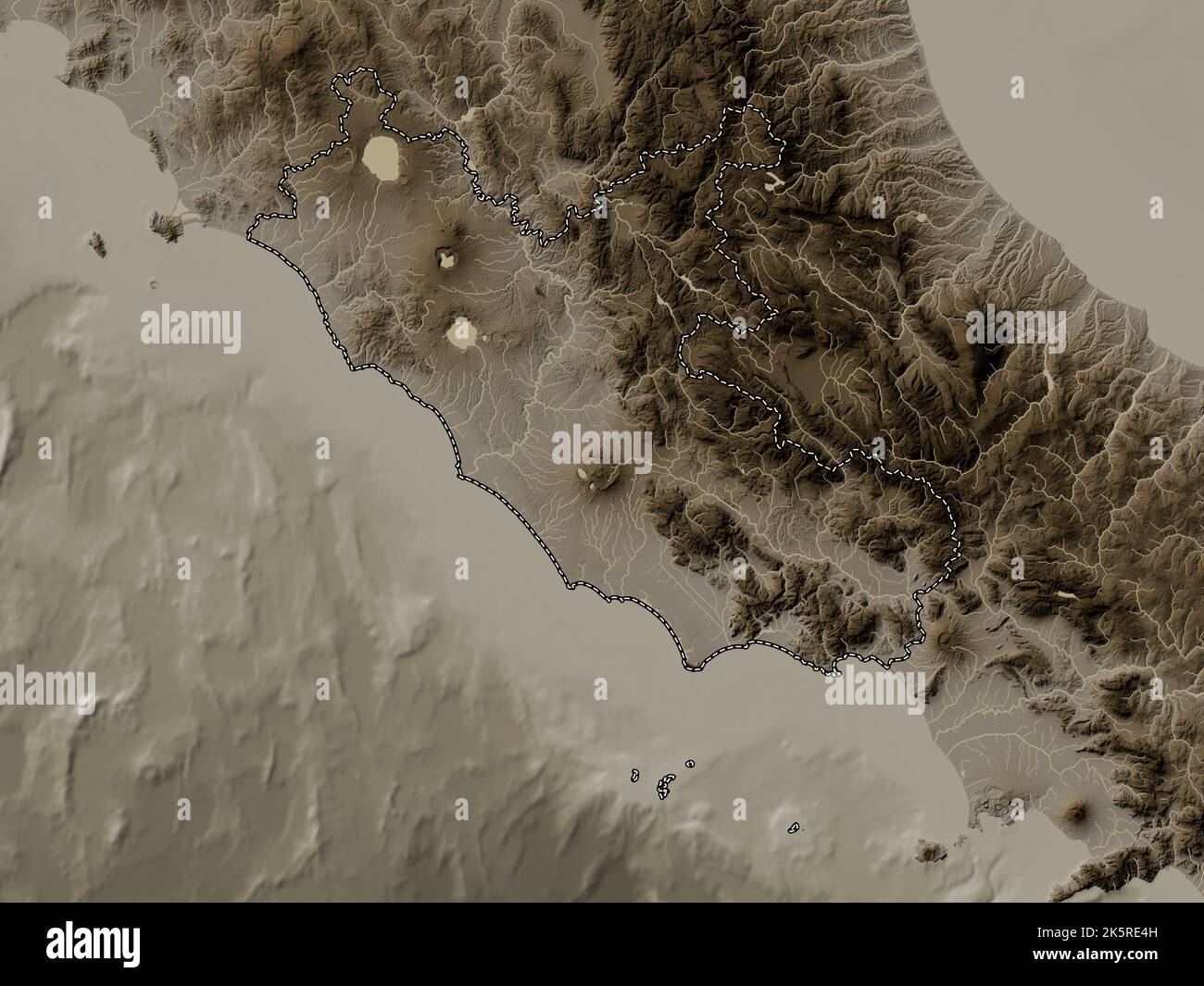 Lazio, region of Italy. Elevation map colored in sepia tones with lakes ...