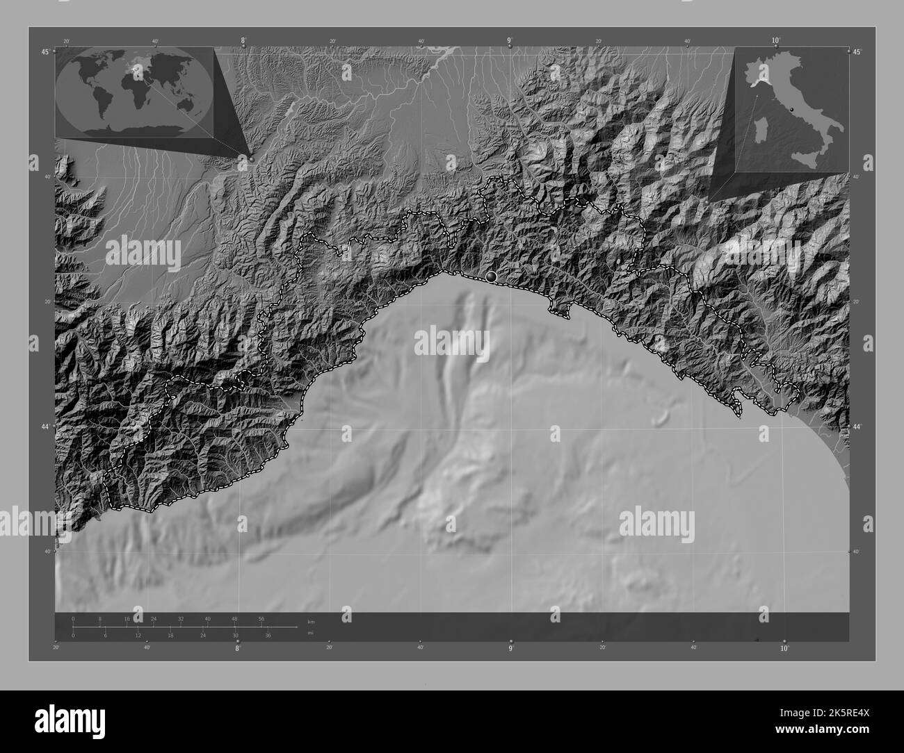 Liguria, region of Italy. Bilevel elevation map with lakes and rivers ...