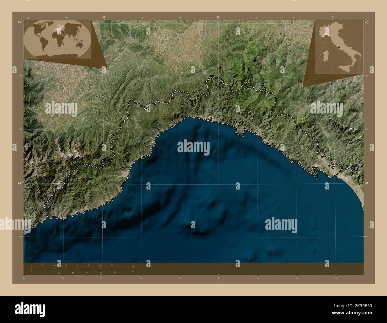 Liguria, region of Italy. Low resolution satellite map. Locations of ...