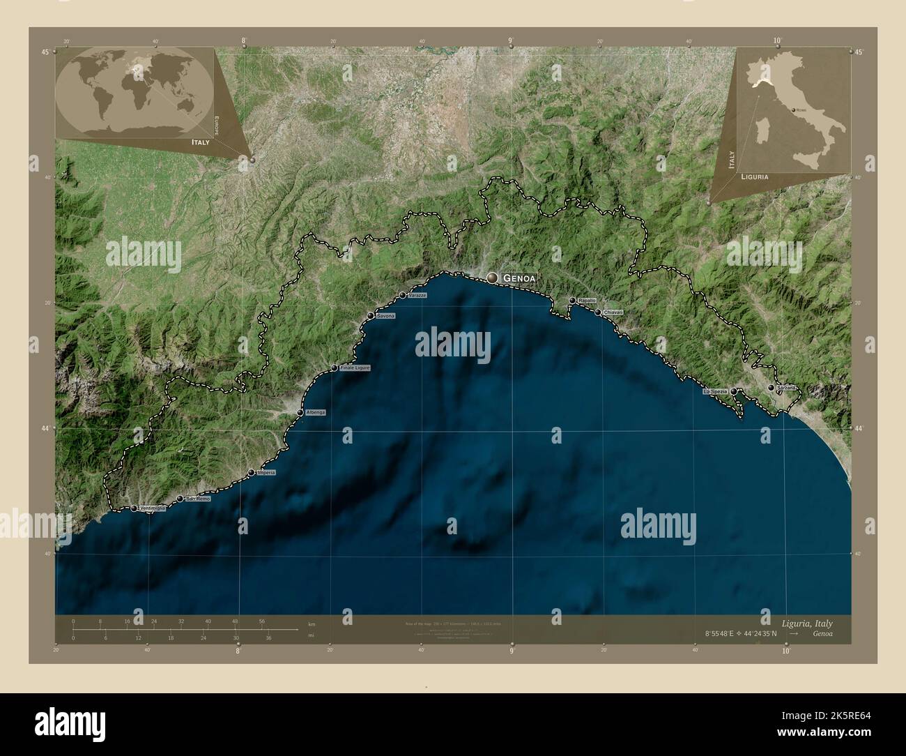 Liguria, region of Italy. High resolution satellite map. Locations and ...