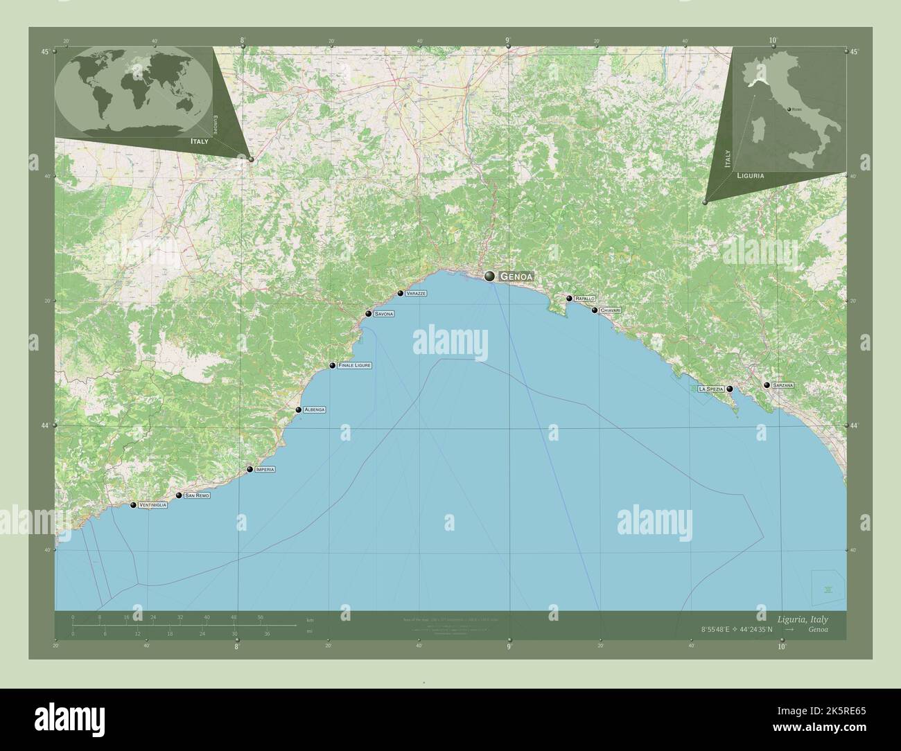 Liguria, region of Italy. Open Street Map. Locations and names of major ...