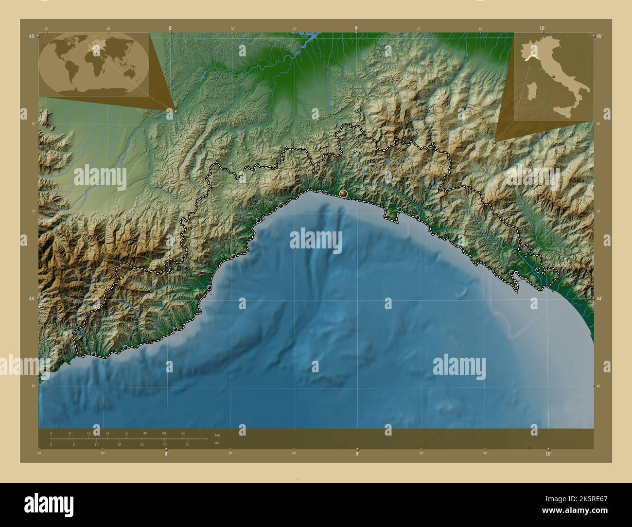 Liguria, region of Italy. Colored elevation map with lakes and rivers ...
