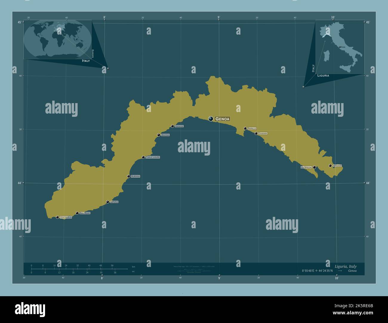 Liguria, region of Italy. Solid color shape. Locations and names of ...