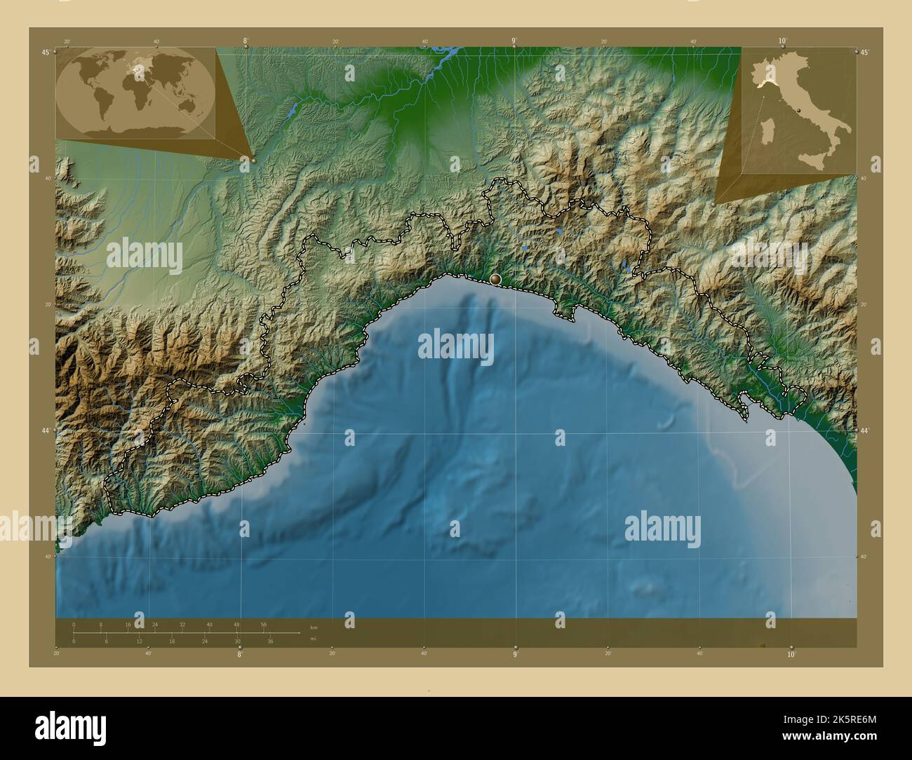 Liguria, region of Italy. Colored elevation map with lakes and rivers ...