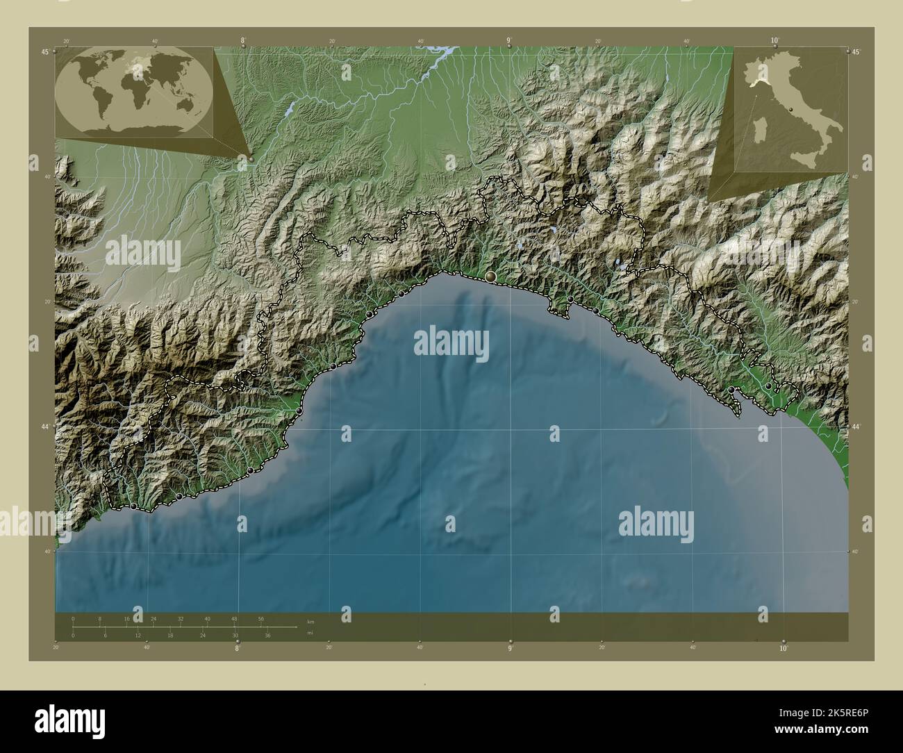 Liguria, region of Italy. Elevation map colored in wiki style with ...