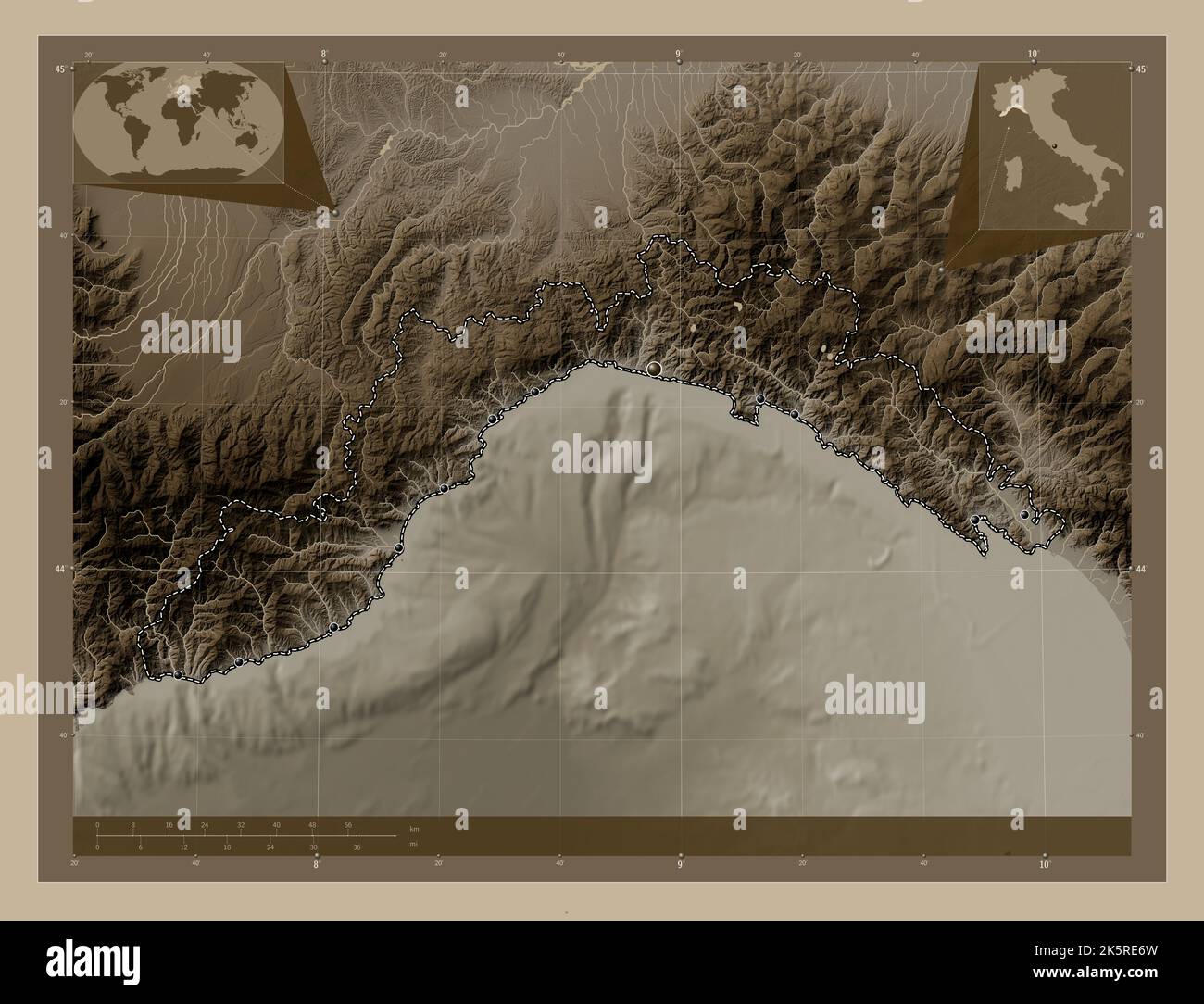 Liguria, region of Italy. Elevation map colored in sepia tones with ...