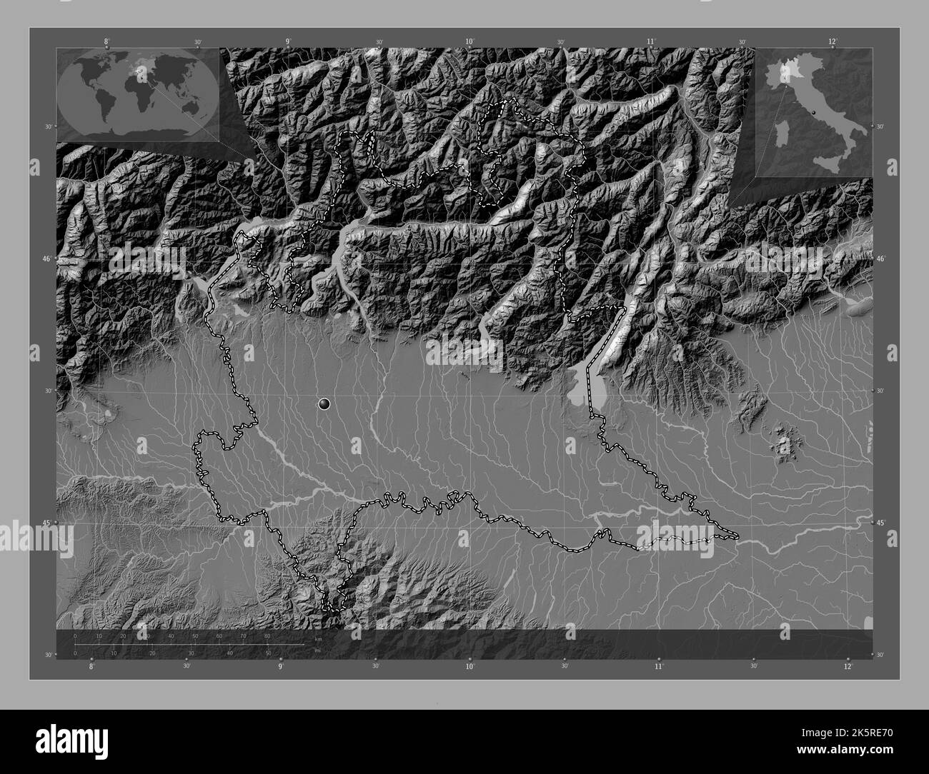 Lombardia, region of Italy. Bilevel elevation map with lakes and rivers ...