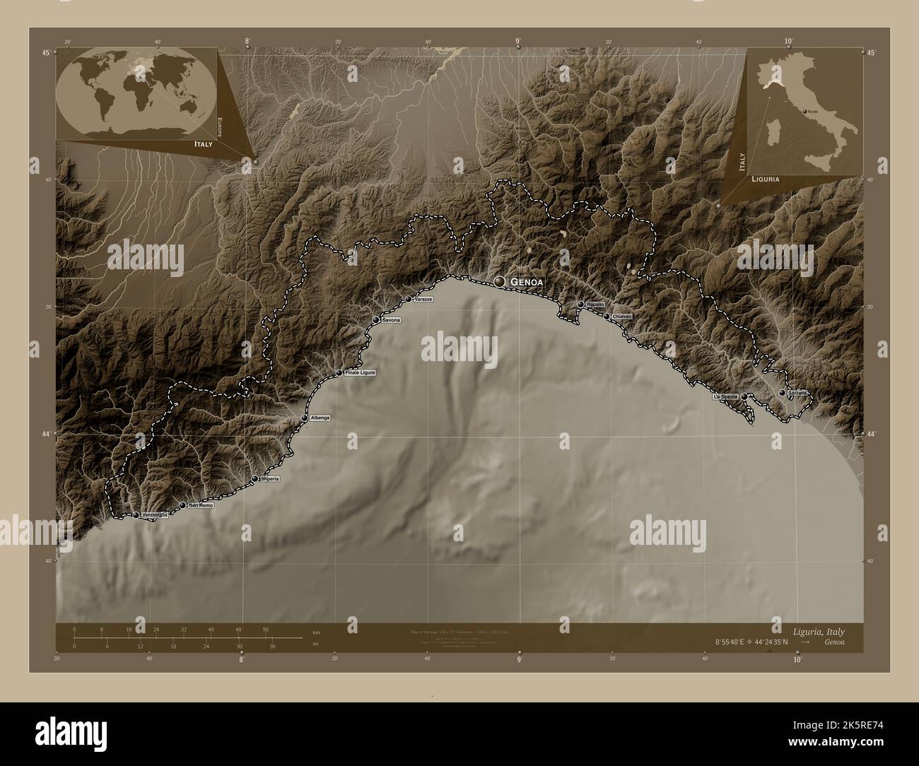 Liguria, region of Italy. Elevation map colored in sepia tones with ...
