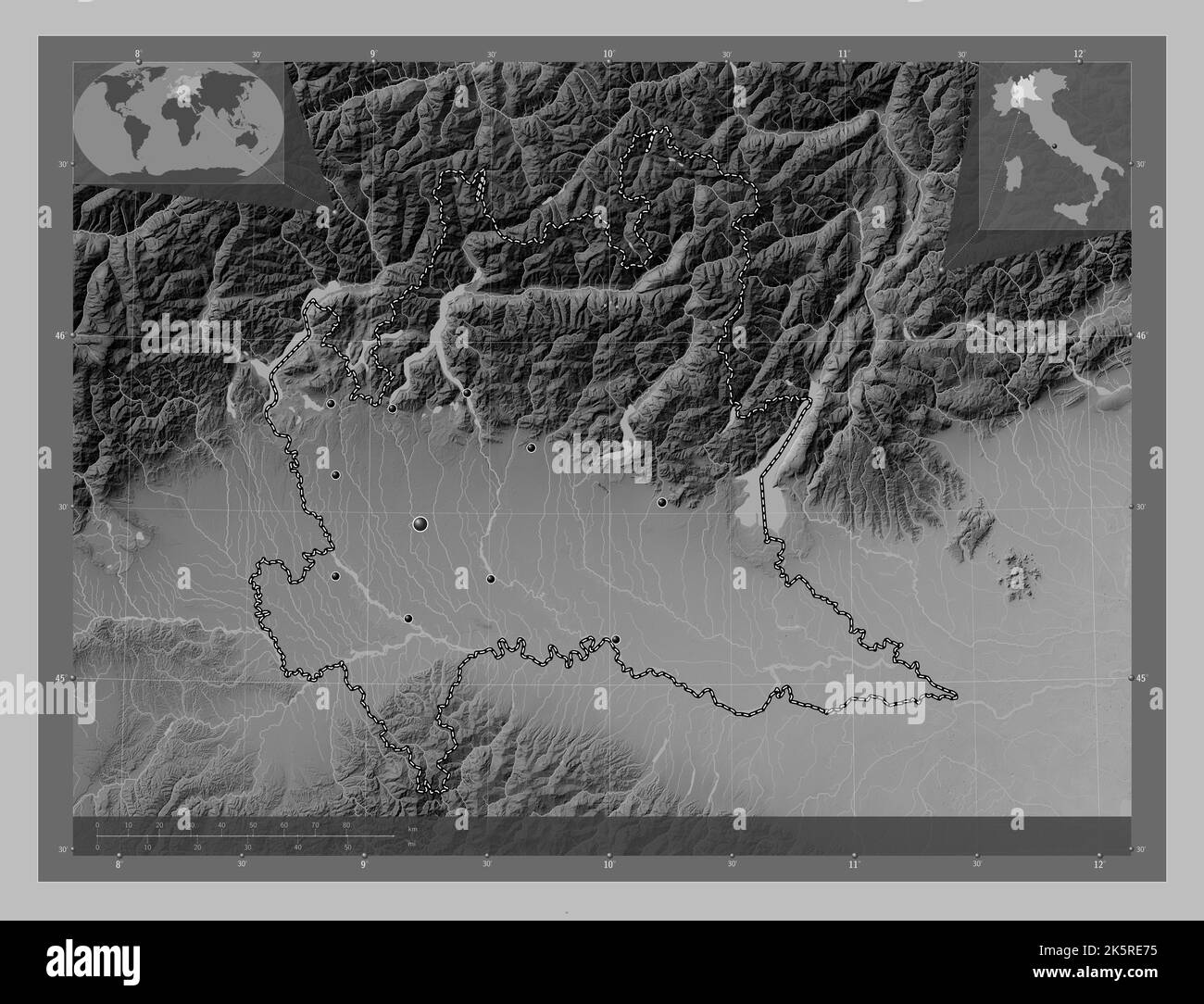Lombardia, region of Italy. Grayscale elevation map with lakes and ...