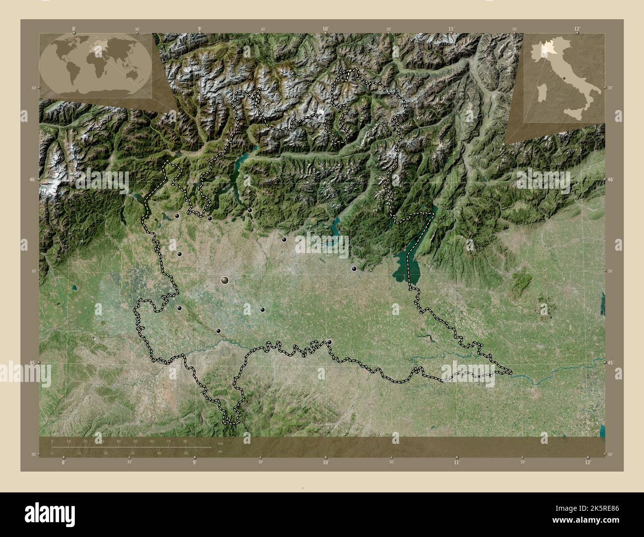 Lombardia, region of Italy. High resolution satellite map. Locations of ...