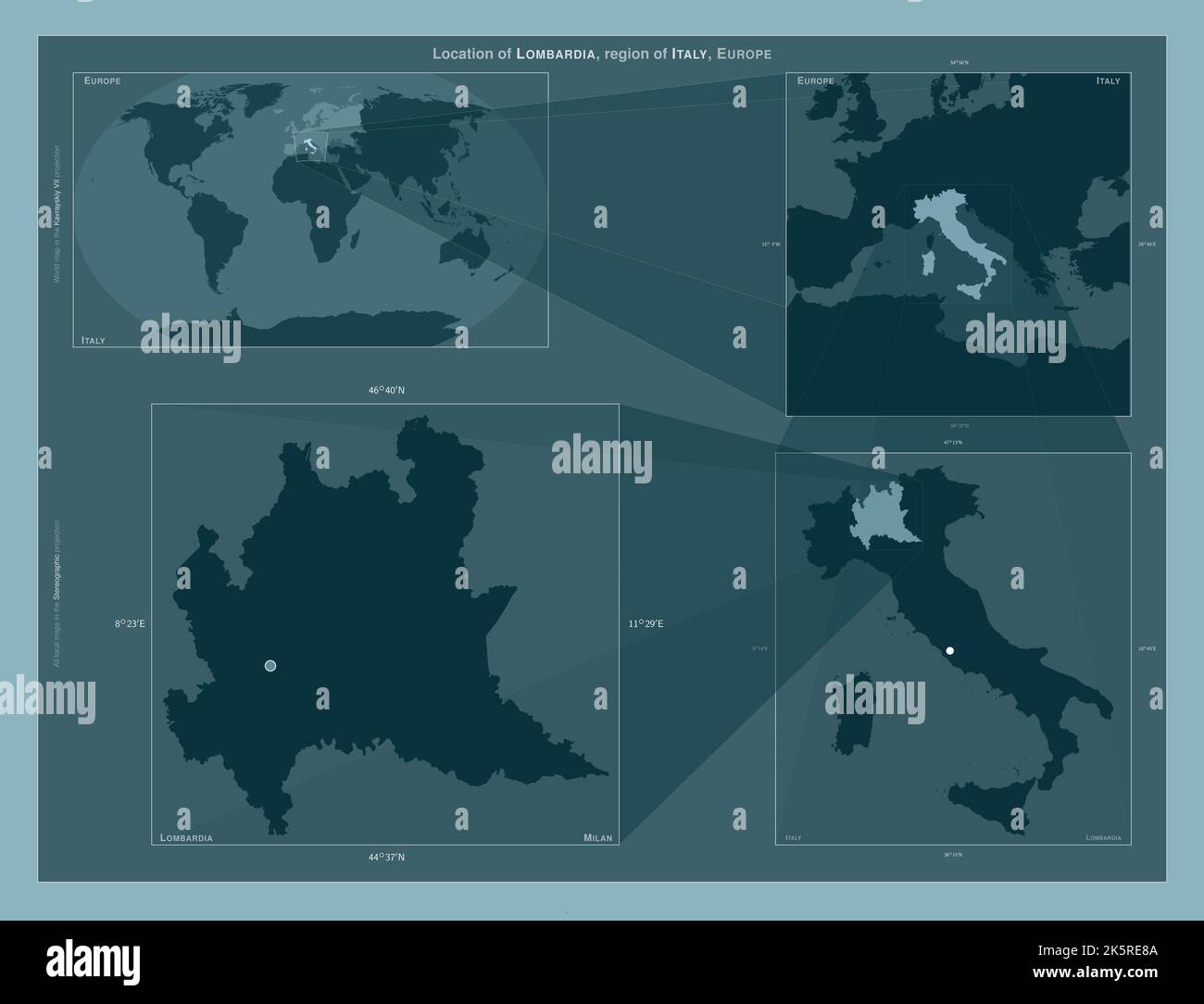 Lombardia, region of Italy. Diagram showing the location of the region on larger-scale maps ...