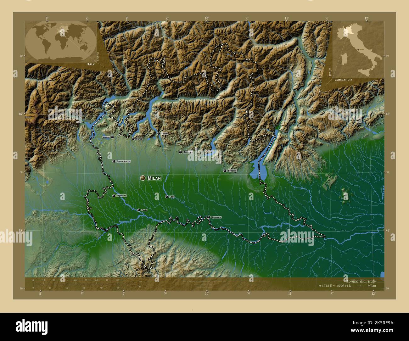Lombardia, region of Italy. Colored elevation map with lakes and rivers ...