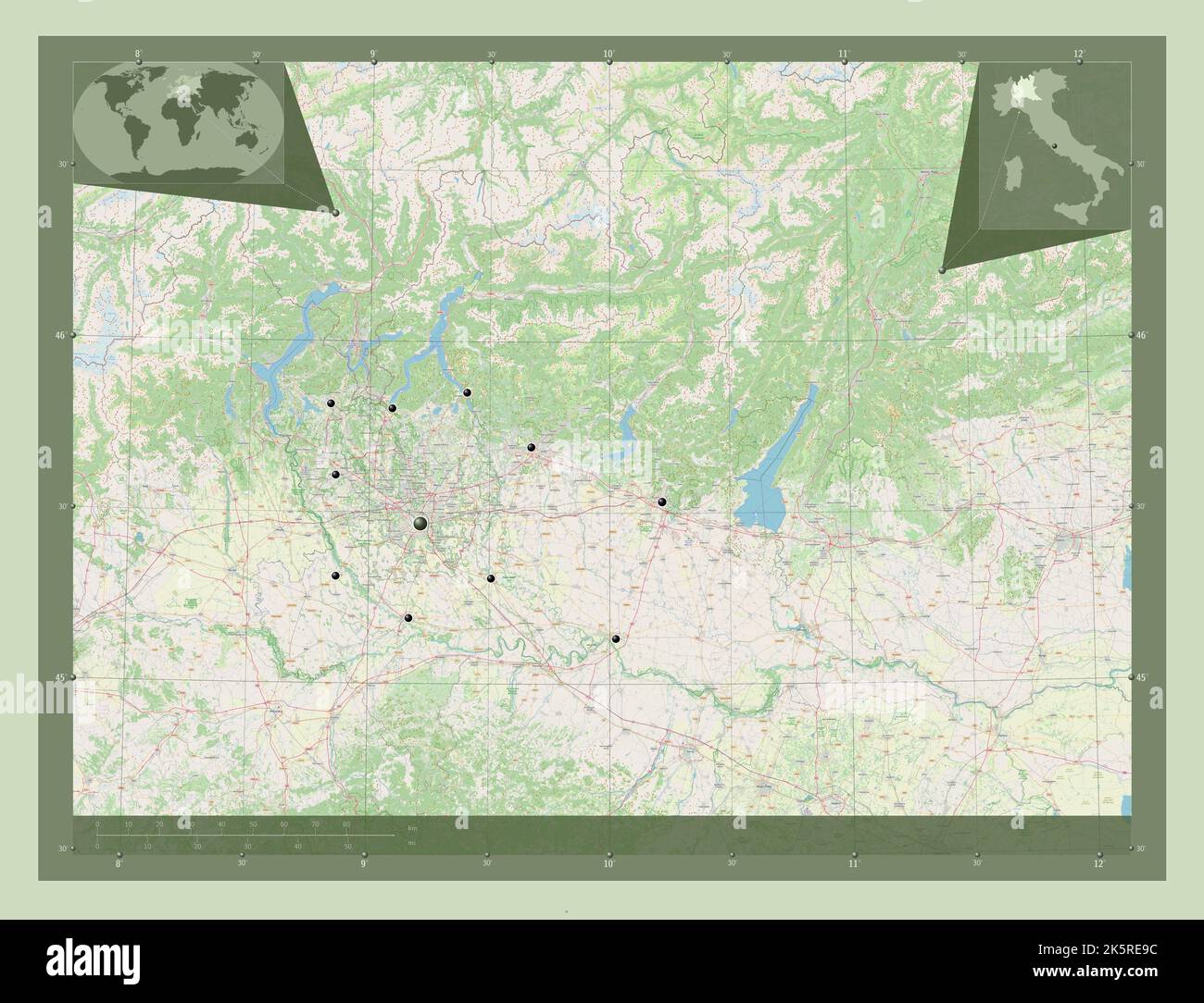 Lombardia, region of Italy. Open Street Map. Locations of major cities ...