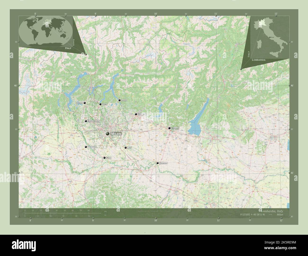 Lombardia, region of Italy. Open Street Map. Locations and names of ...