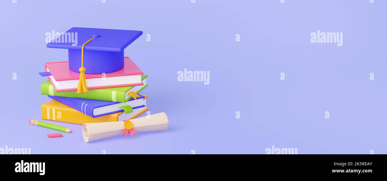 3D render of graduation cap, books and diploma. Colorful pile of ...