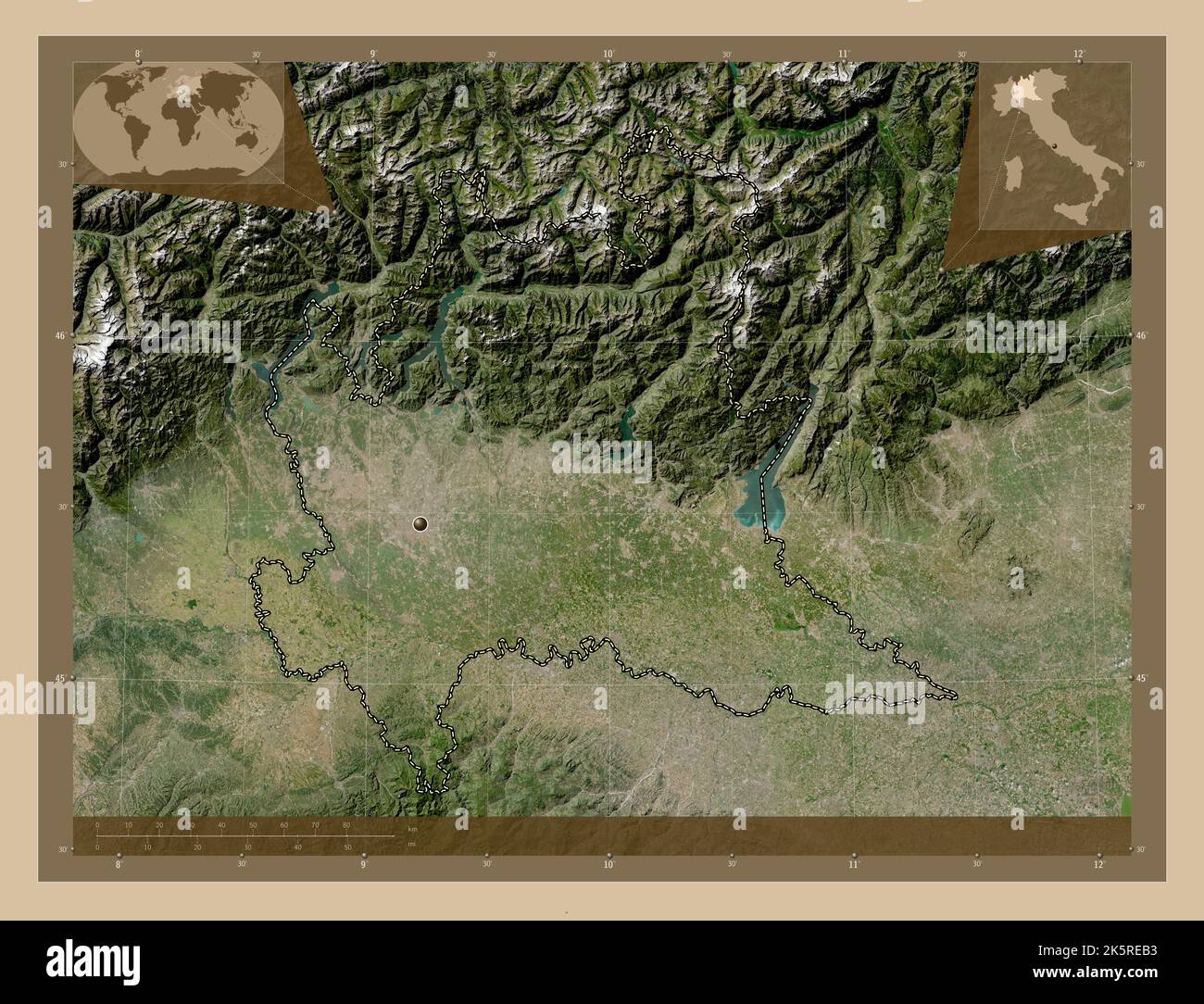Lombardia, region of Italy. Low resolution satellite map. Corner ...