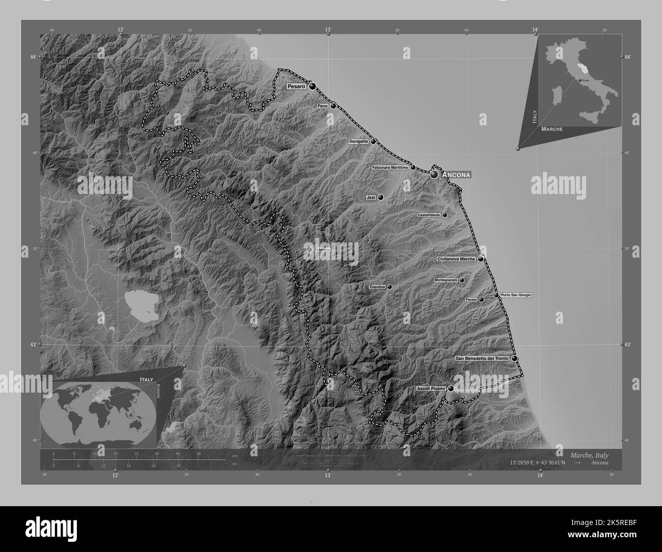 Marche, region of Italy. Grayscale elevation map with lakes and rivers ...