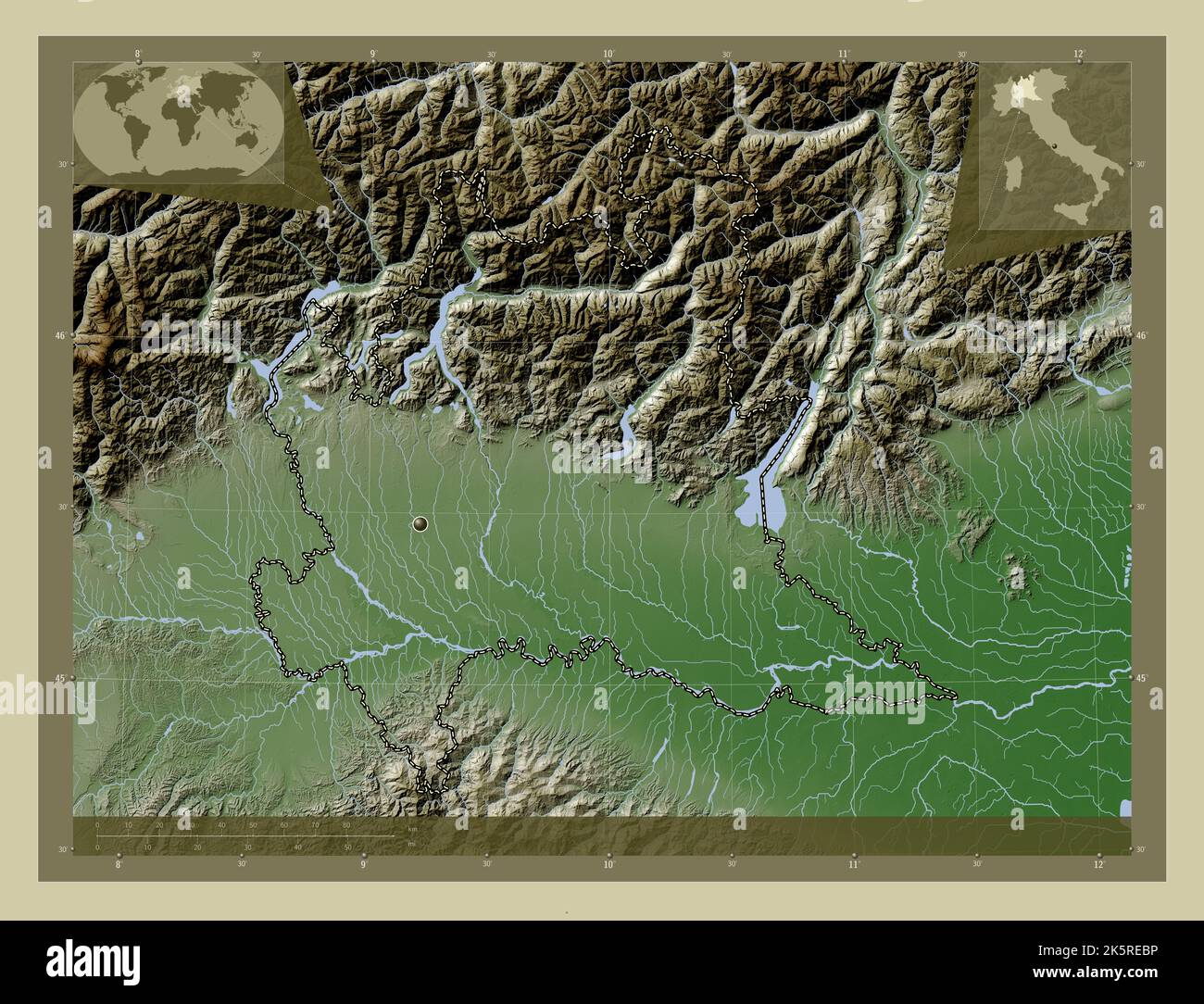 Lombardia, region of Italy. Elevation map colored in wiki style with ...