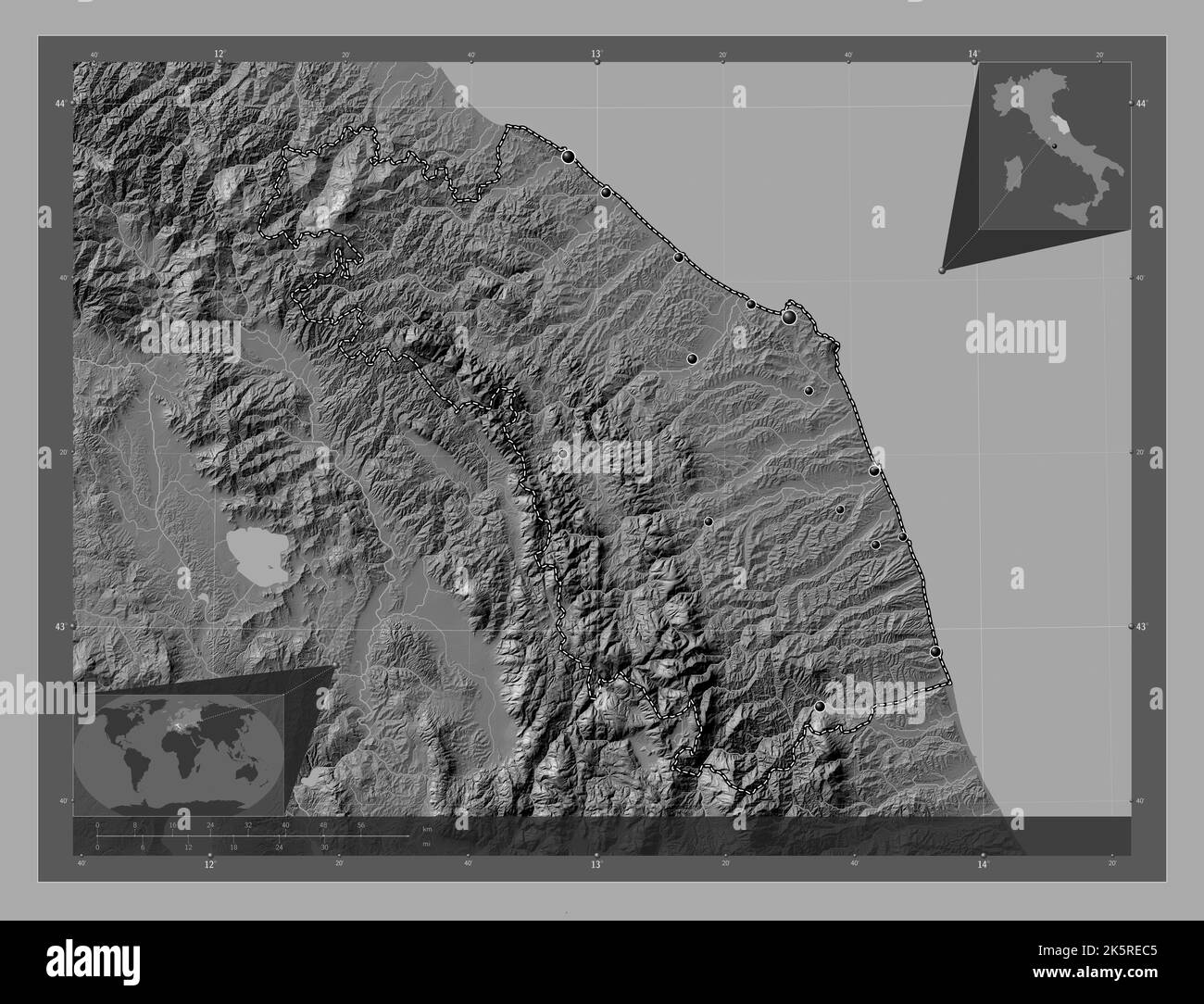 Marche, region of Italy. Bilevel elevation map with lakes and rivers ...