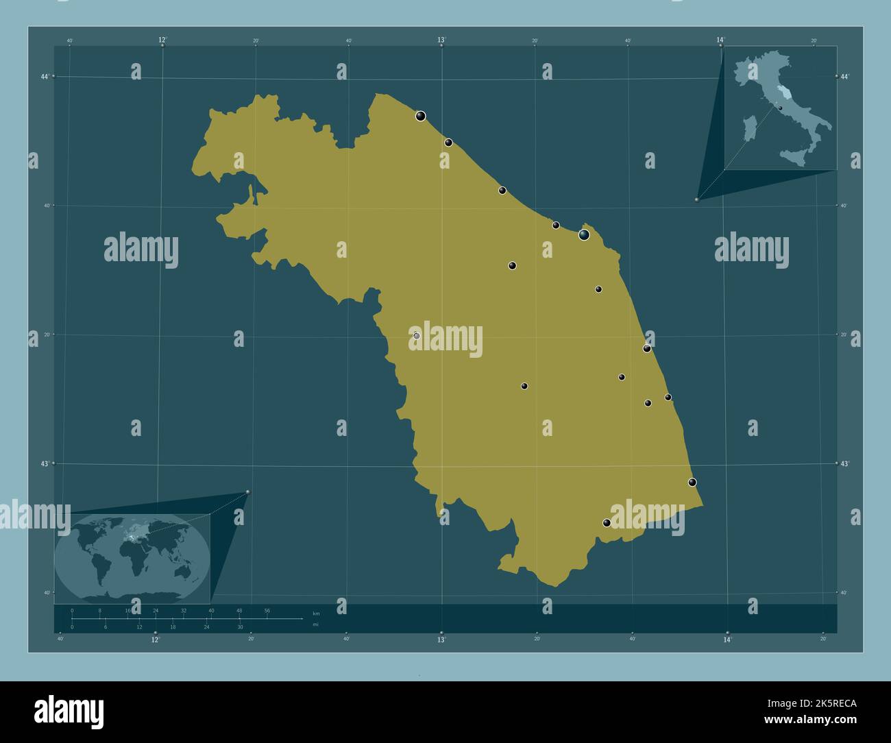 Marche, region of Italy. Solid color shape. Locations of major cities ...
