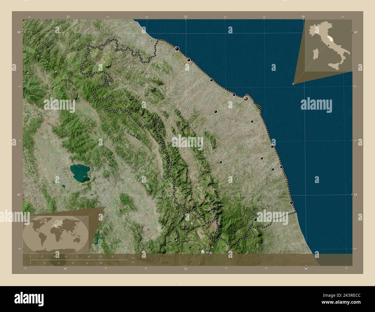 Marche, region of Italy. High resolution satellite map. Locations of ...