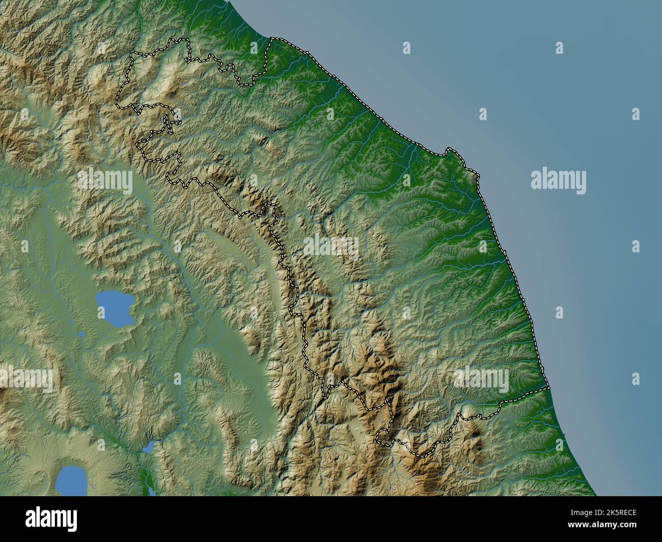 Marche, region of Italy. Colored elevation map with lakes and rivers ...