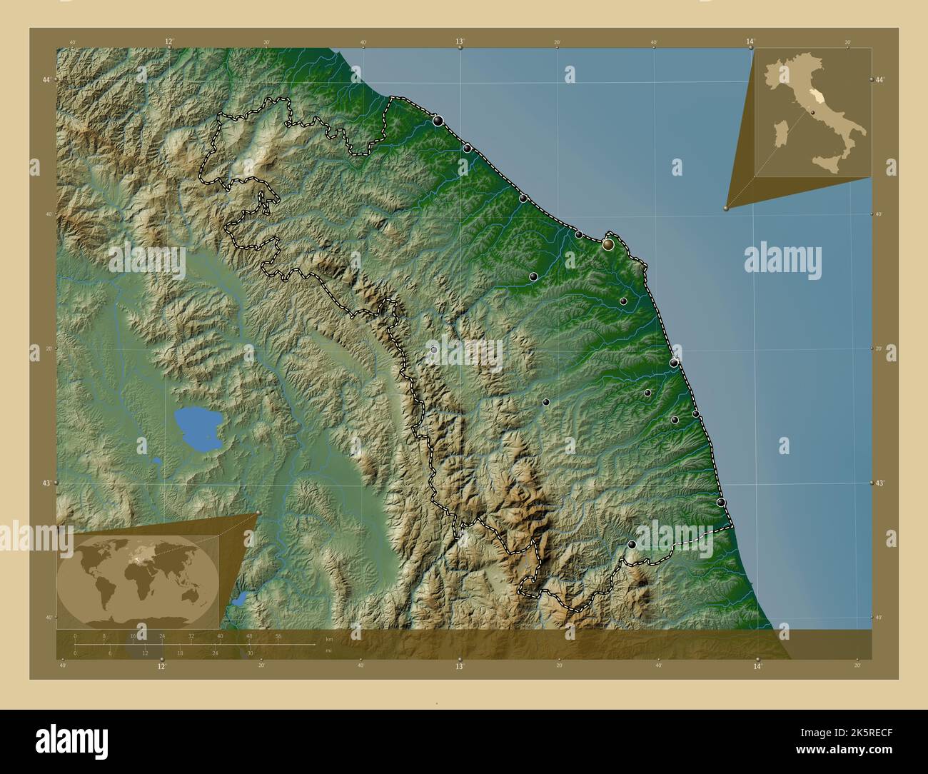 Marche, region of Italy. Colored elevation map with lakes and rivers ...