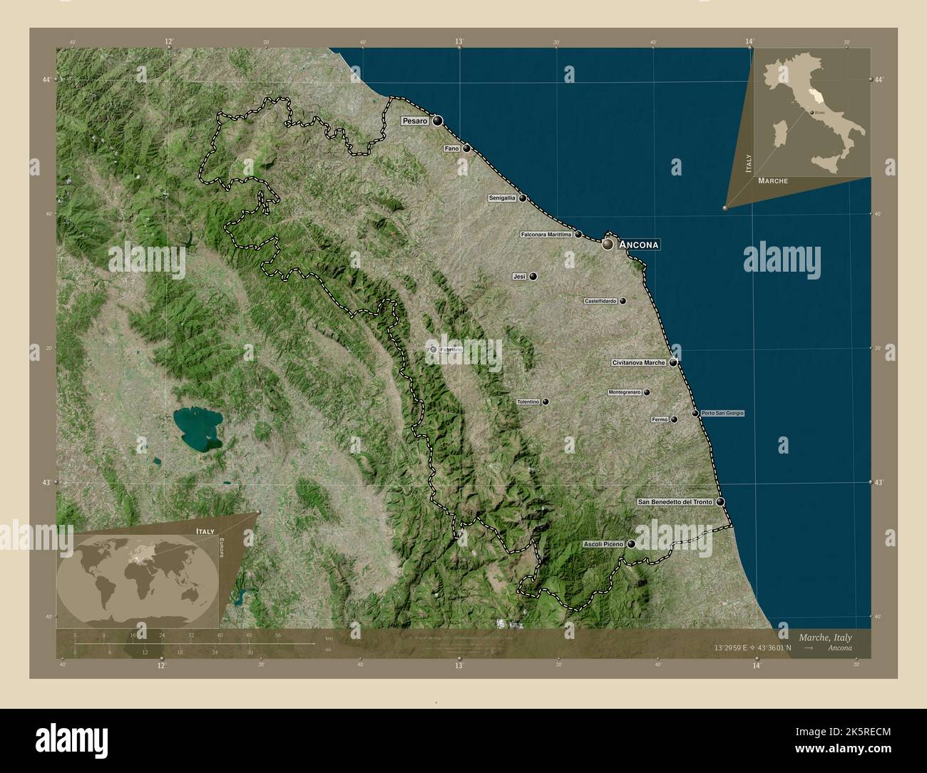 Marche, region of Italy. High resolution satellite map. Locations and ...
