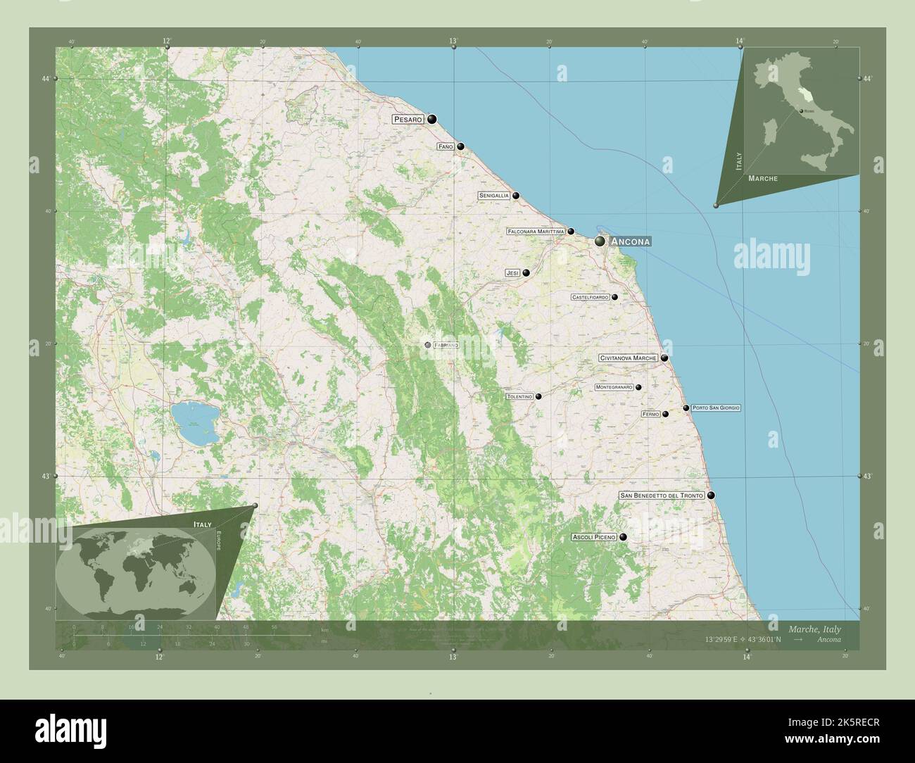 Marche, region of Italy. Open Street Map. Locations and names of major ...
