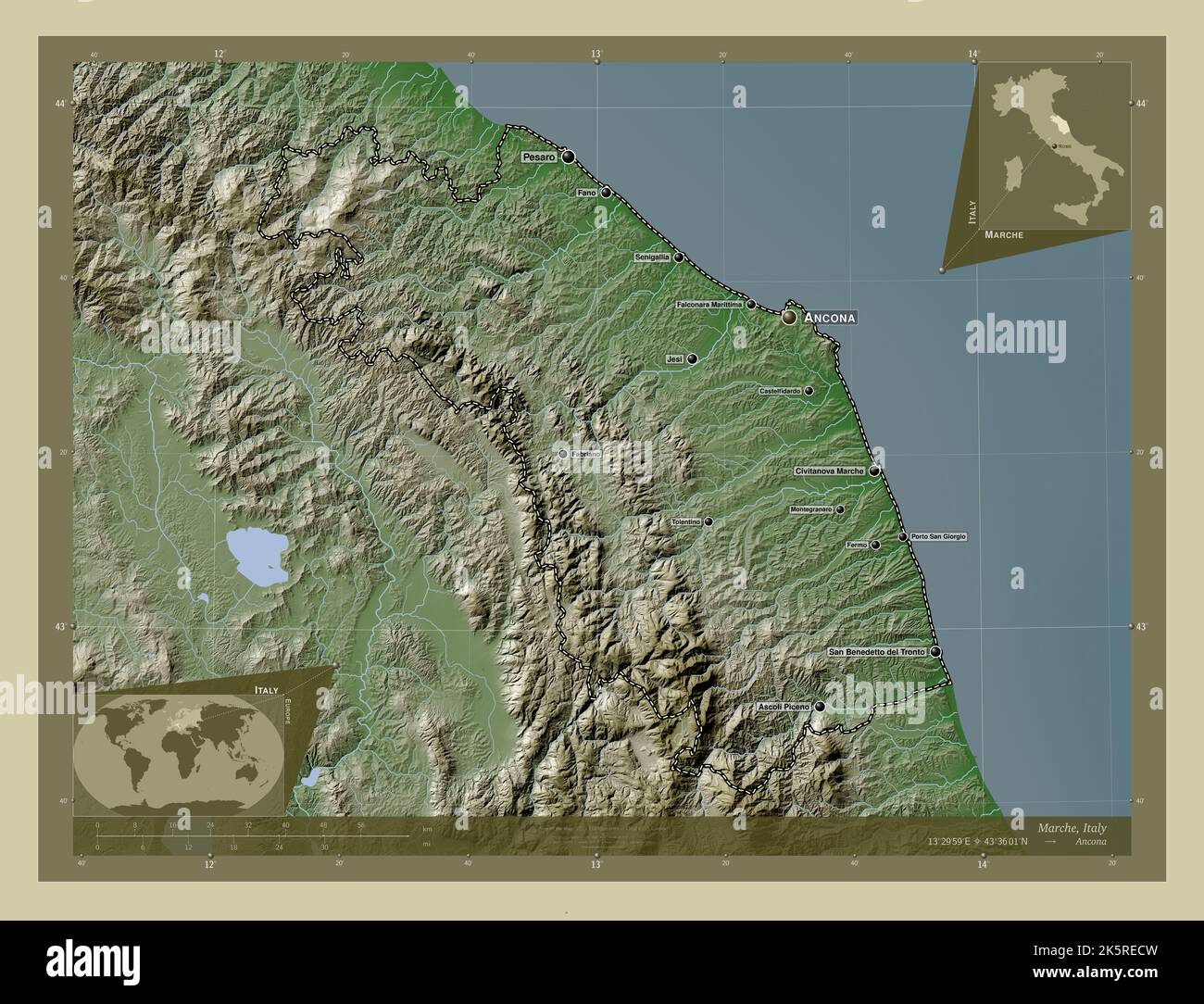 Marche, region of Italy. Elevation map colored in wiki style with lakes ...