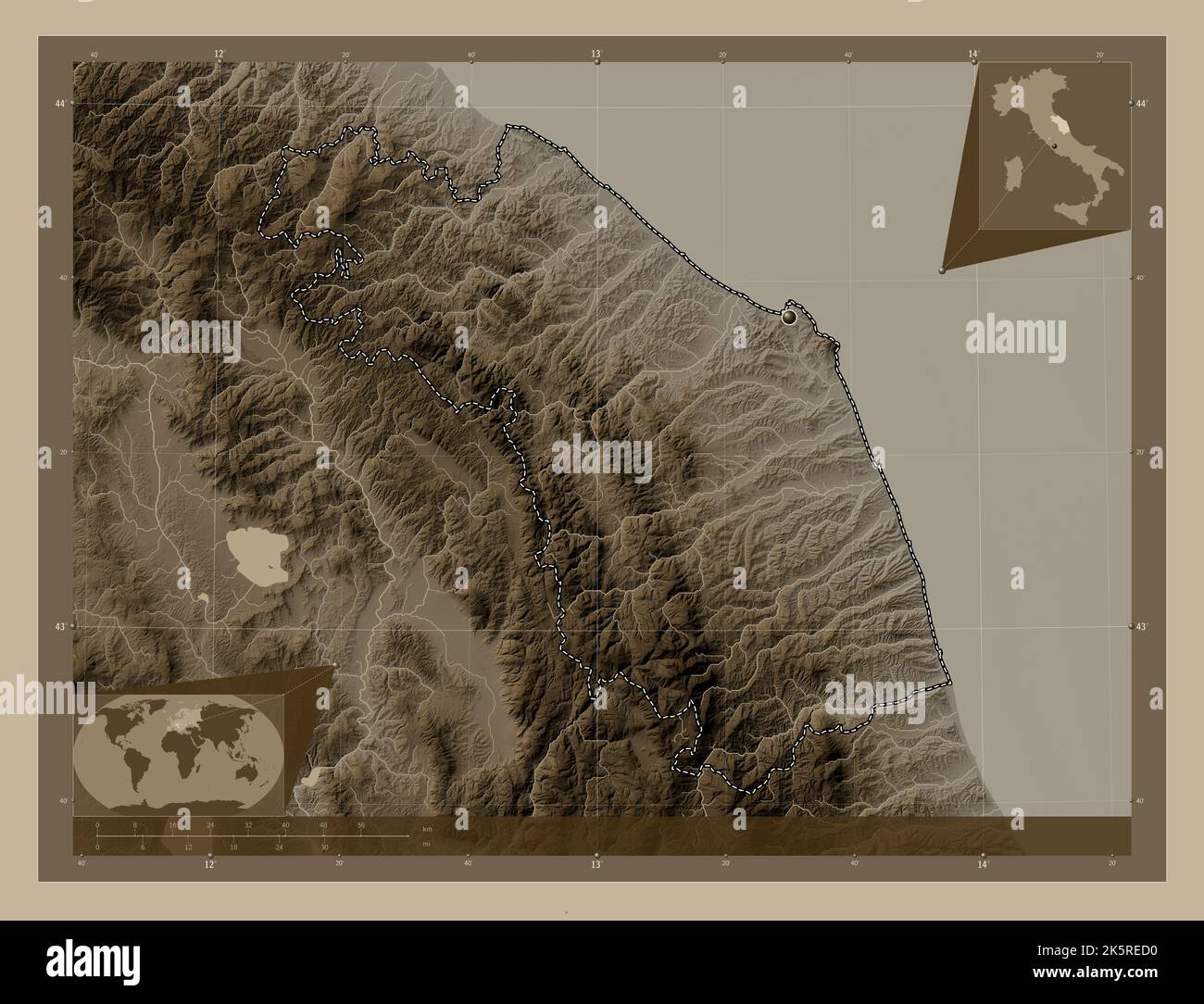 Marche, region of Italy. Elevation map colored in sepia tones with ...