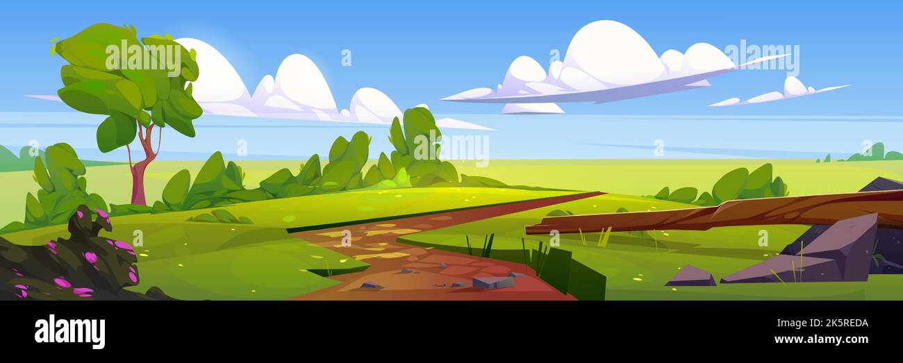 Cartoon nature landscape, rural dirt road going along green field with ...