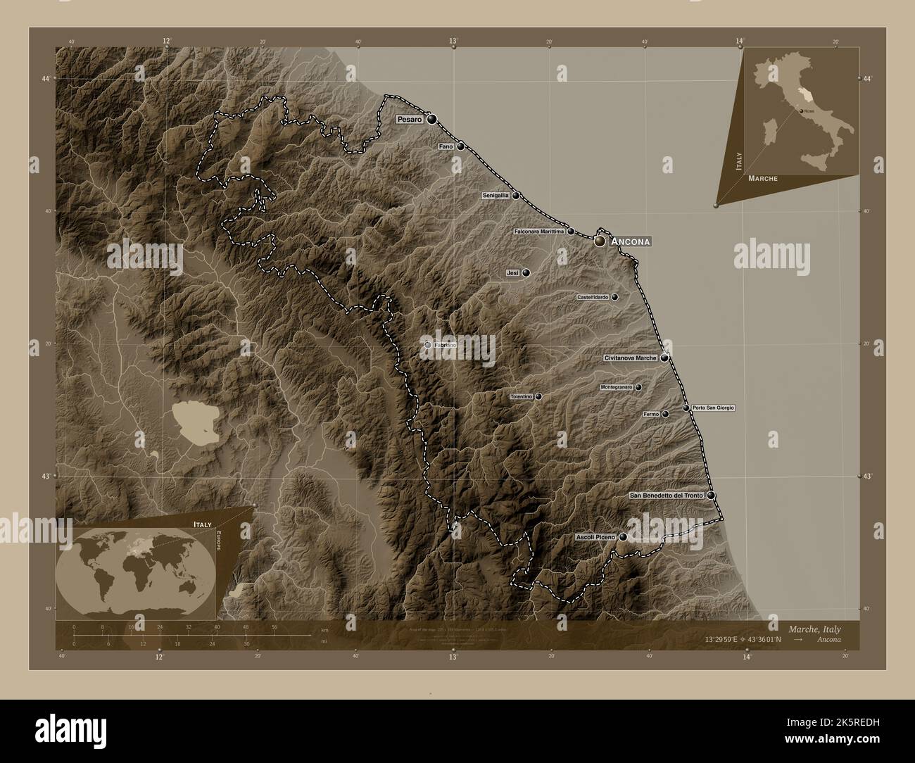 Marche, region of Italy. Elevation map colored in sepia tones with ...
