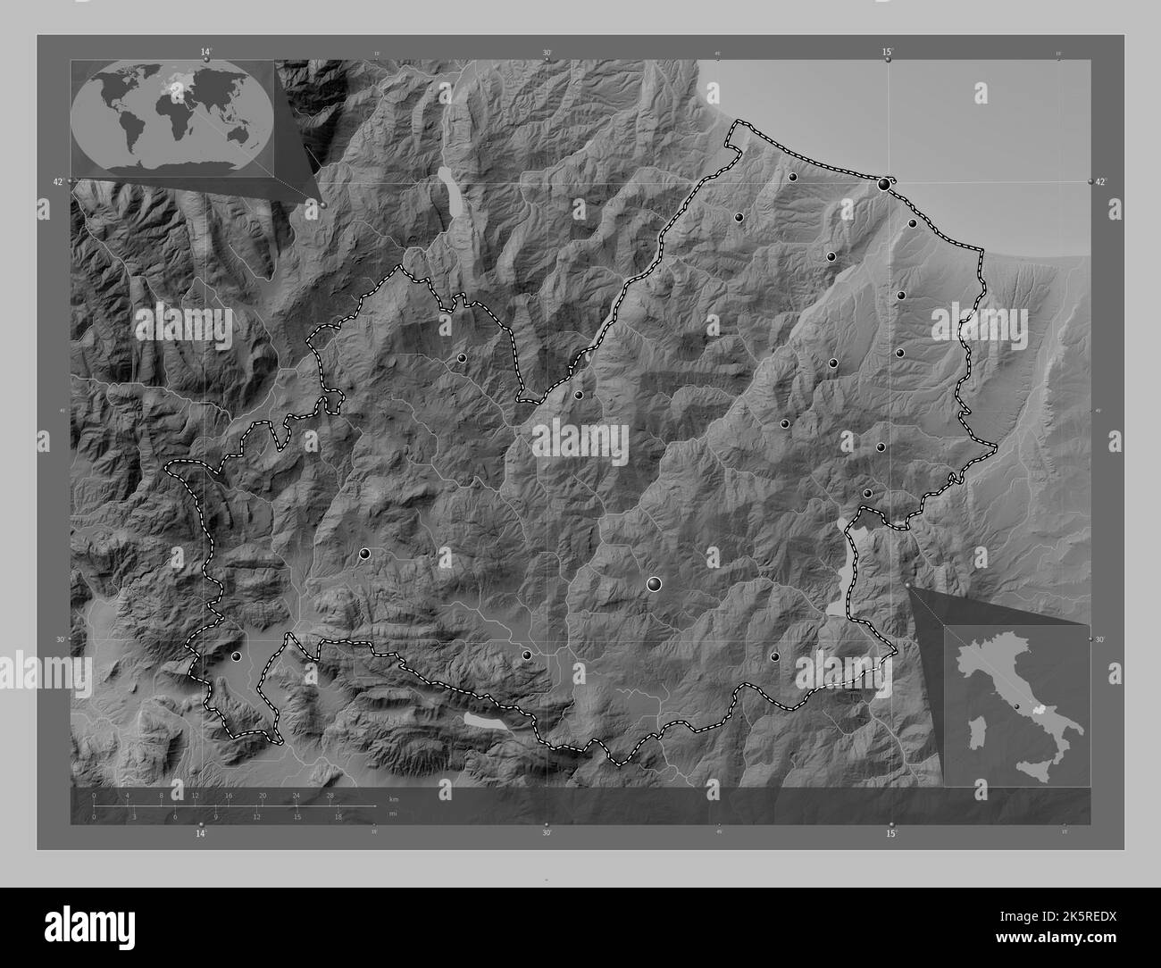 Molise, region of Italy. Grayscale elevation map with lakes and rivers ...