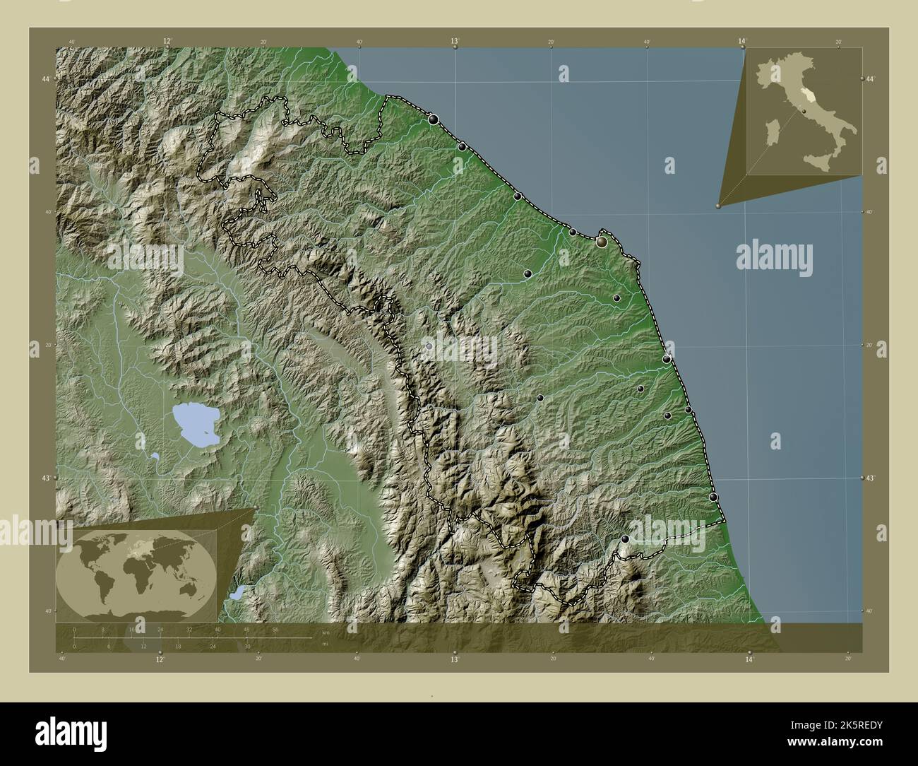 Marche, region of Italy. Elevation map colored in wiki style with lakes ...