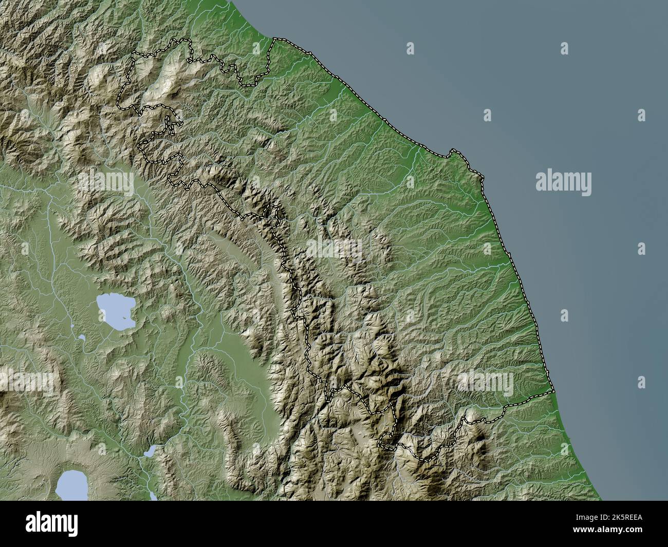 Marche, region of Italy. Elevation map colored in wiki style with lakes ...