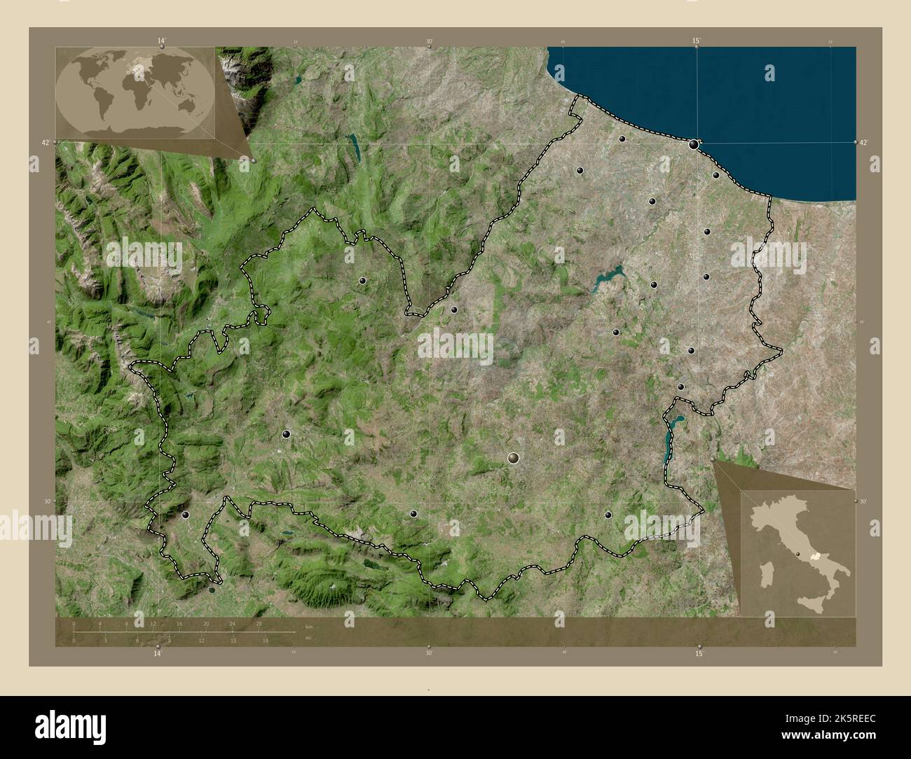 Molise, region of Italy. High resolution satellite map. Locations of ...