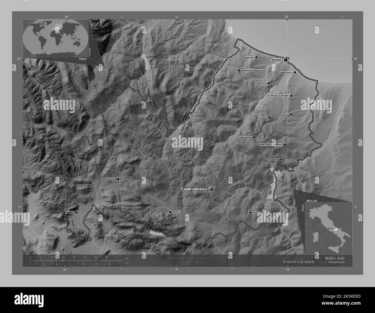 Molise, region of Italy. Grayscale elevation map with lakes and rivers ...