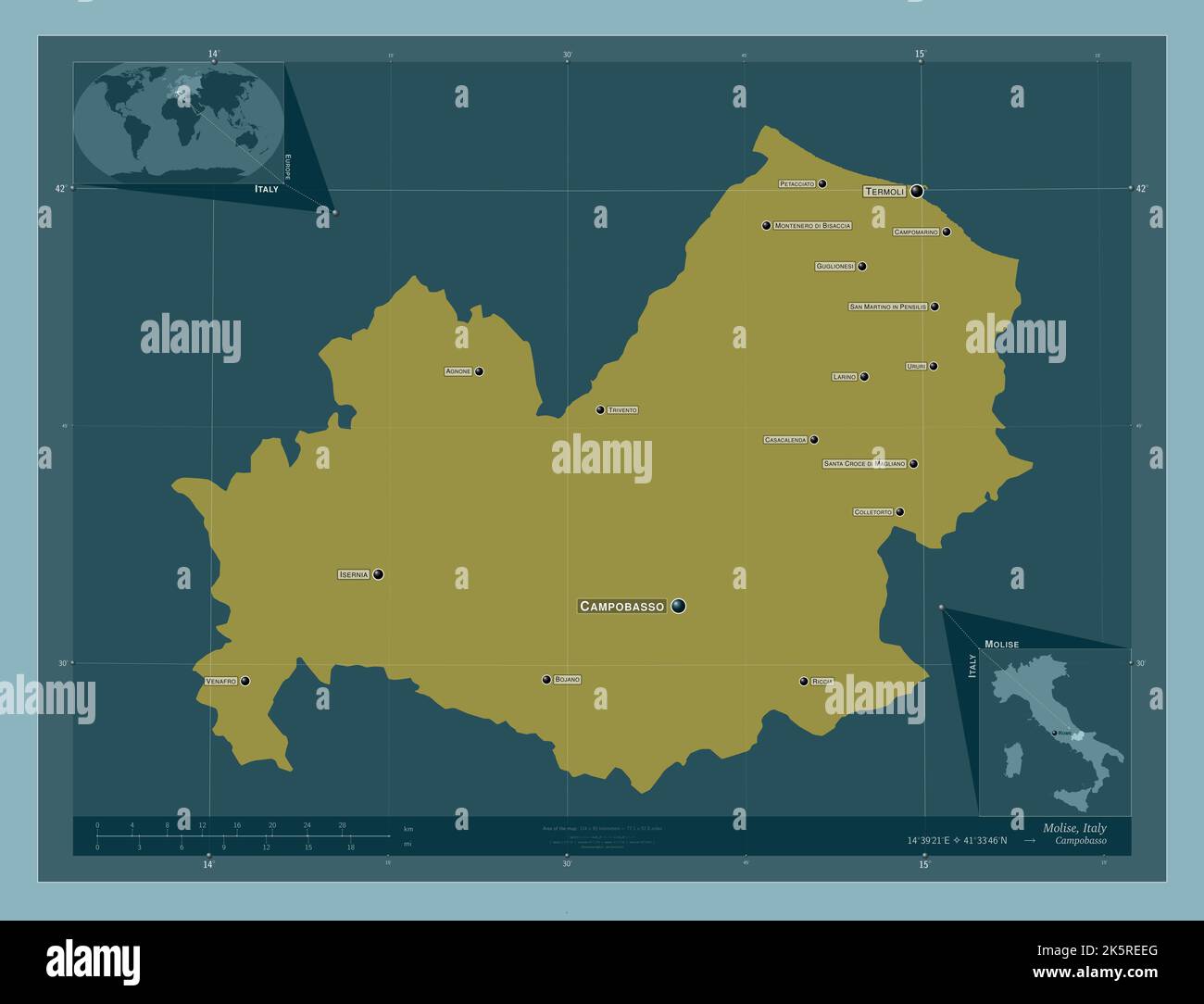 Molise, region of Italy. Solid color shape. Locations and names of ...